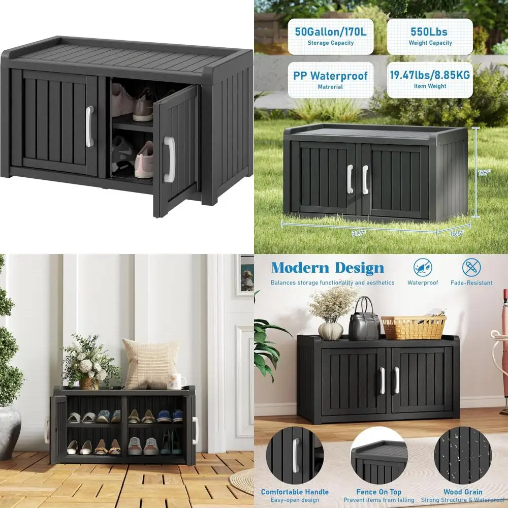 Waterproof Outdoor Shoe Storage Bench with UV-Resistant Barn Doors and ...
