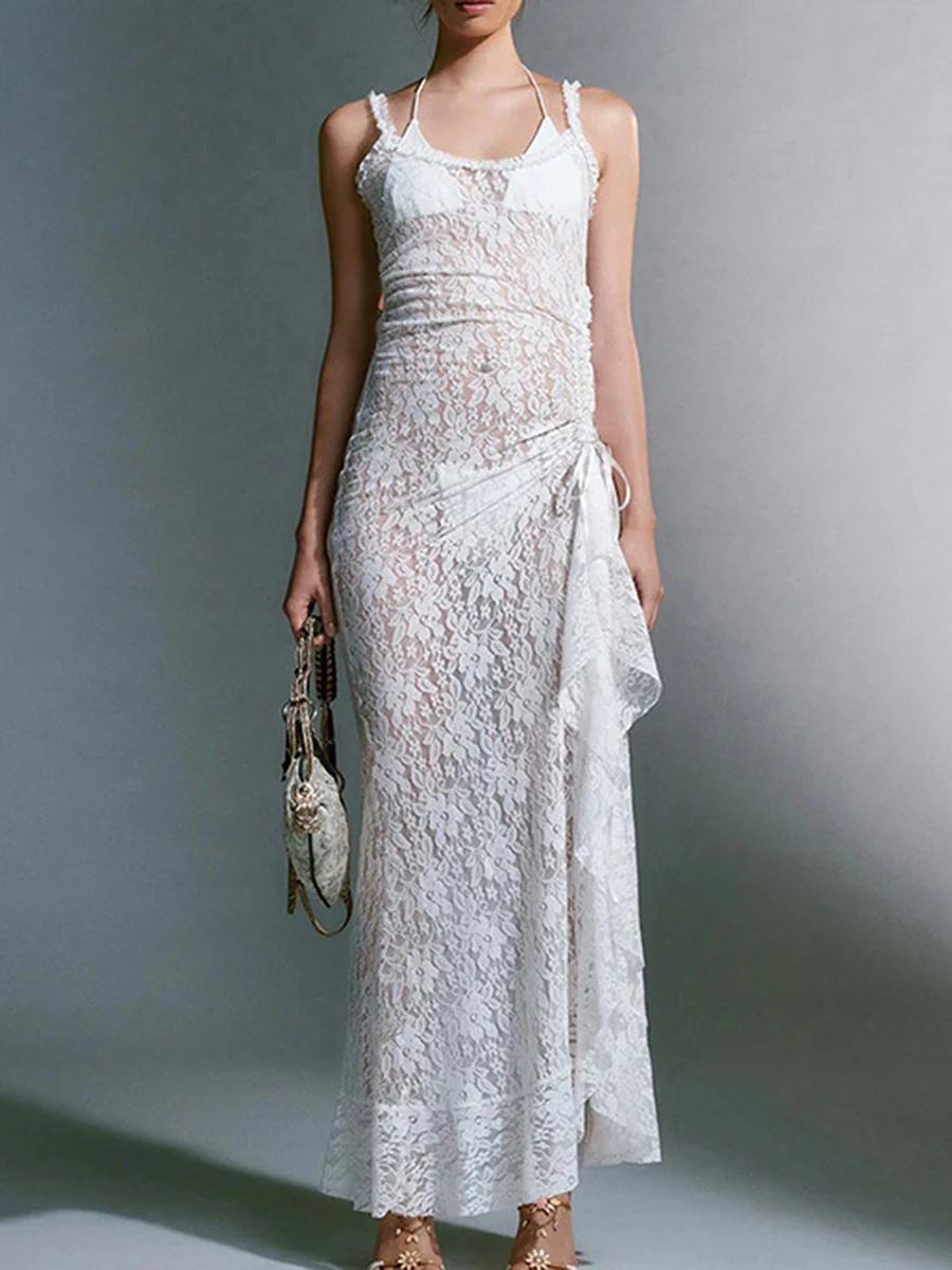 Women-Sheer-Dress-Sleeveless-Backless-Tie-up-Ruffled-See-through-Lace ...