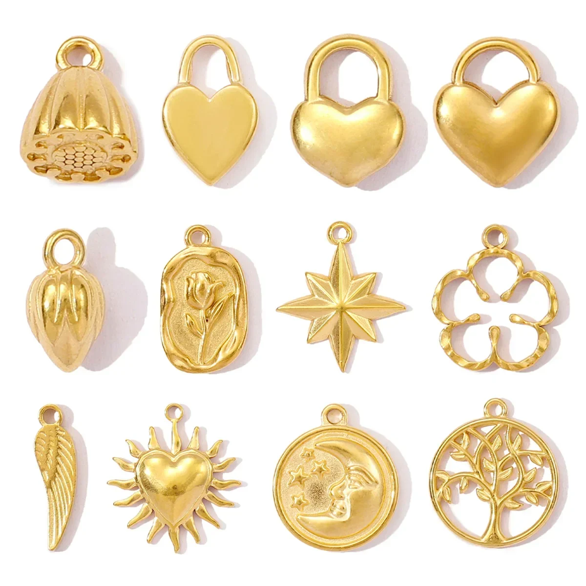 5pcs/Lot Stainless Steel Heart Lock Rose DIY Charms Angel Wing Flower ...