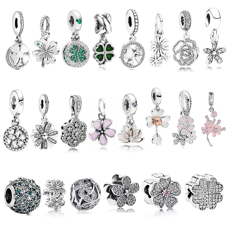 Sparkling-Lucky-Four-Leaf-Clover-Red-Poppy-Flower-Dangle-Charm-Beads ...