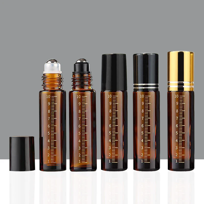 Botella-de-rodillo-de-vidrio-mbar-de-10ml-contenedores-de-botellas-de-aceite-esencial ...