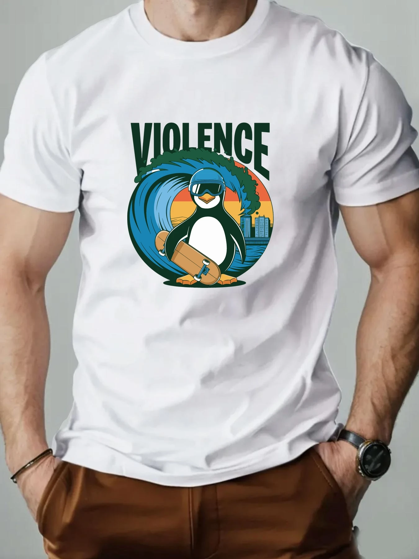 Man Short Sleeve T-shirt 100% Cotton Penguin Cartoon Print T Shirt ...