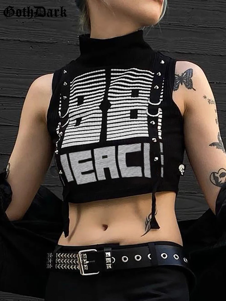Goth Dark Cyber Mall Gothic Print Women Cargo Vests Y2k Punk Techwear ...