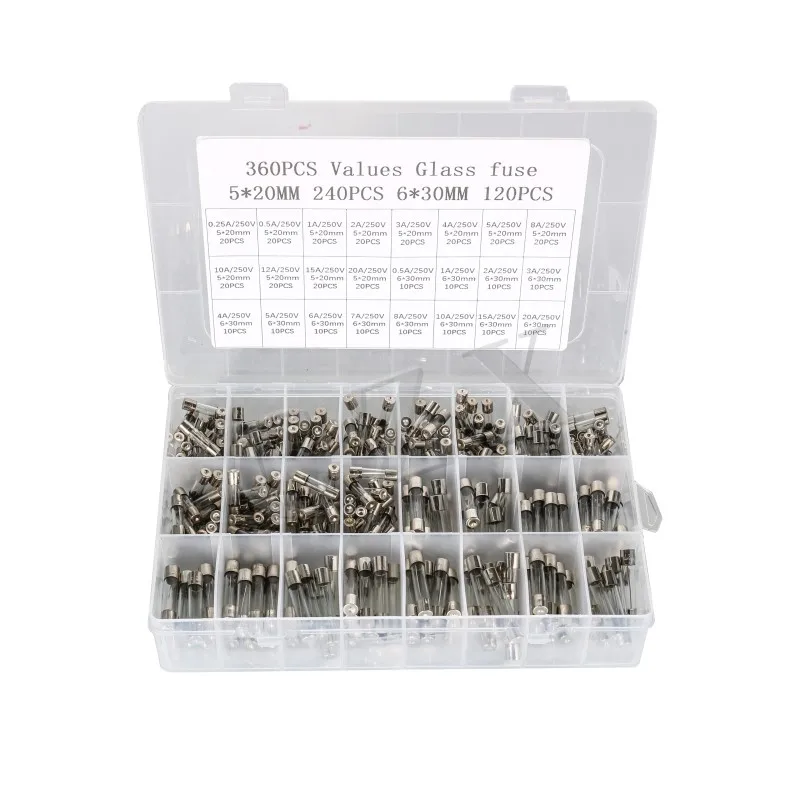 360Pcs/Box 24Values 5x20mm 6x30mm Fast Glass Fuse Kit 0.25A 0.5A 1A 2A ...