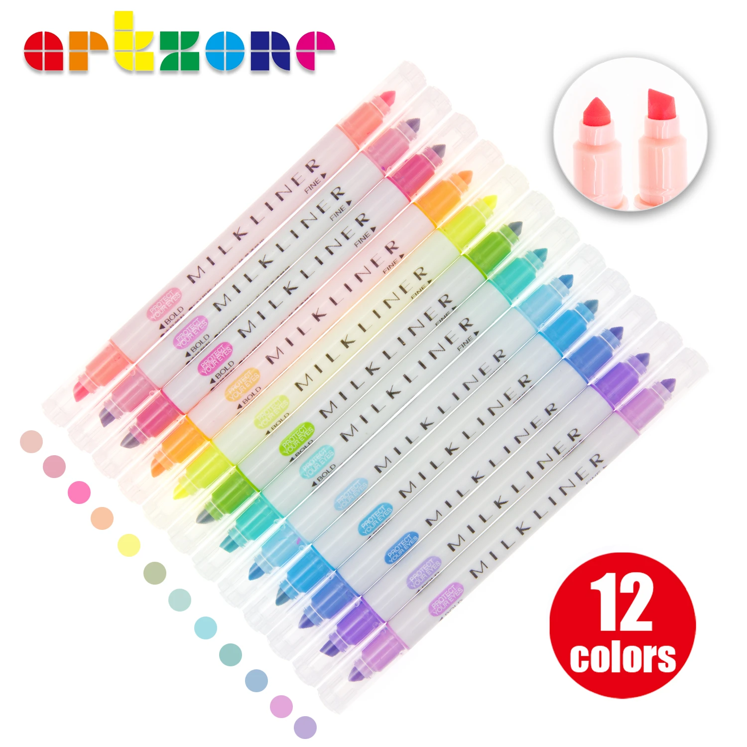 12 Pastel Colors Highlighter Pen Eye Protect Light Color MilkLiner Dual ...
