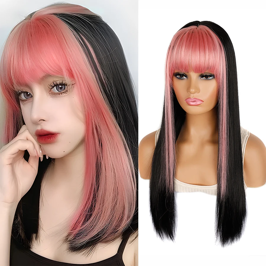 Peluca sintética media verde media Rosa peluca Lolita Cosplay, dos ...