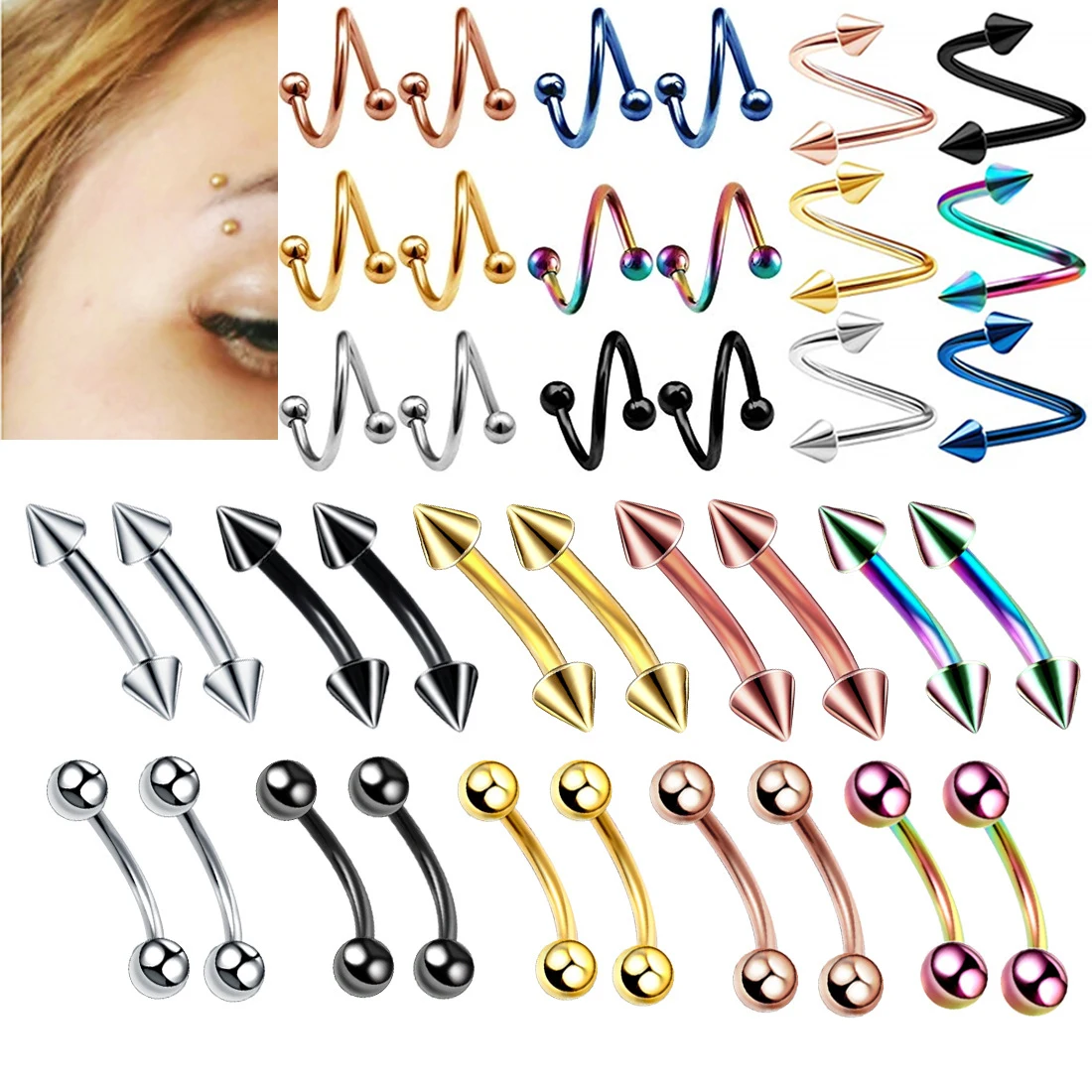 1Pair Gauge 16G Ball Spike Surgical Steel Double Spiral Twister Barbell ...