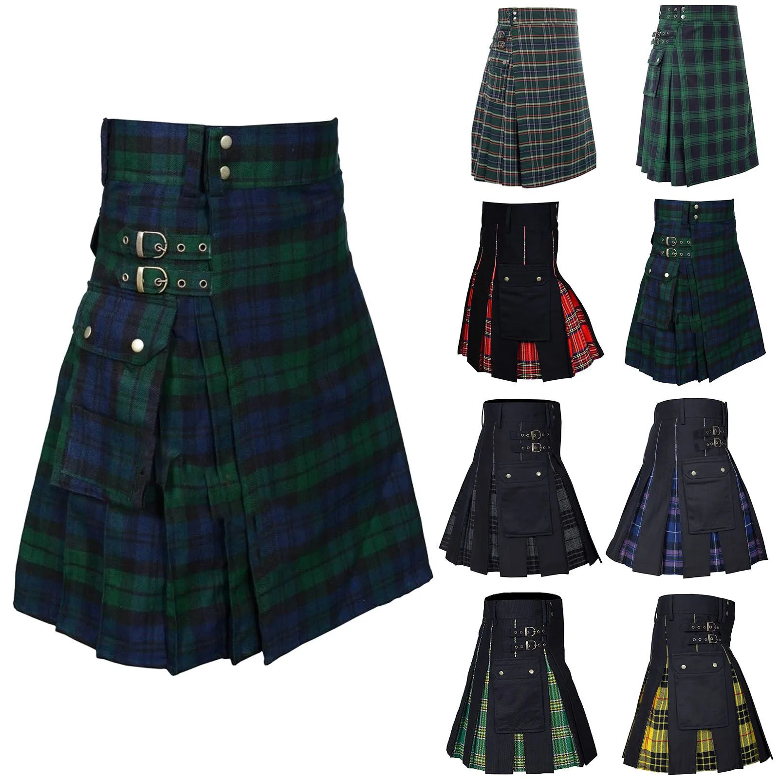 Men-s-Vintage-Kilt-Fashion-Scottish-Style-Plaid-Printed-Contrast-Color-Pocket-Pleated-Skirt-New ...