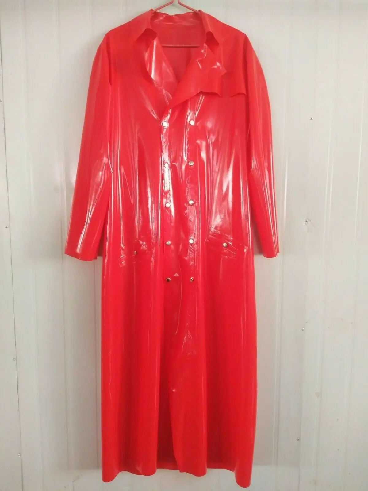 New Latex Rubber Anzug Mantel Gummi Rot Long Trench Coat Ganzanzug Size ...