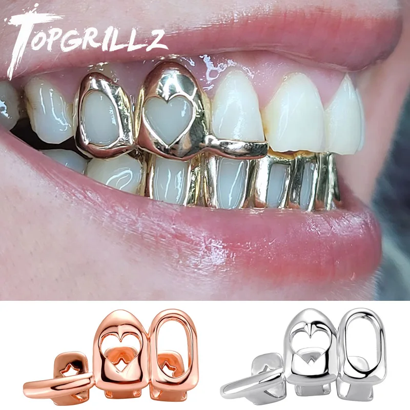 TOPGRILLZ Glossy Mixed 3 Hollow Heart Tooth Caps For Women Men Teeth ...