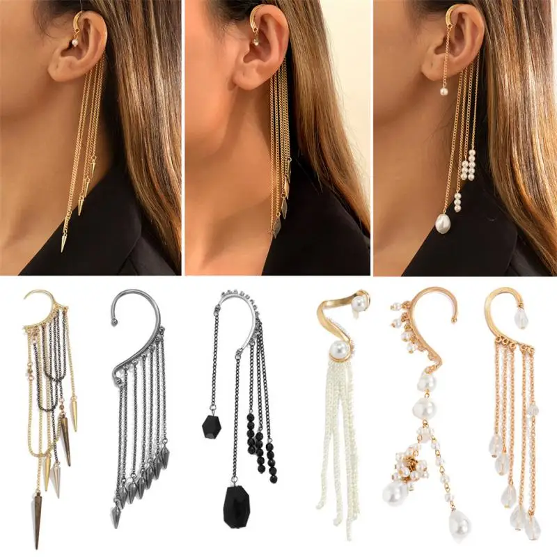 Long-Tassel-Ear-Clip-Earring-For-Women-Geometric-Imitation-Pearl-Chain ...