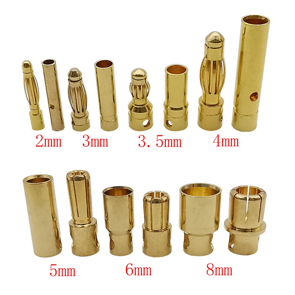 5Pairs Gold Plated Brass 2mm 3mm 3.5mm 4mm 5mm 6mm 8mm Banana Connector ...