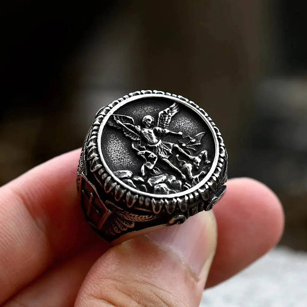 Vintage-Archangel-Michael-Ring-Men-Punk-Hip-Hop-Stainless-Steel-Knight ...