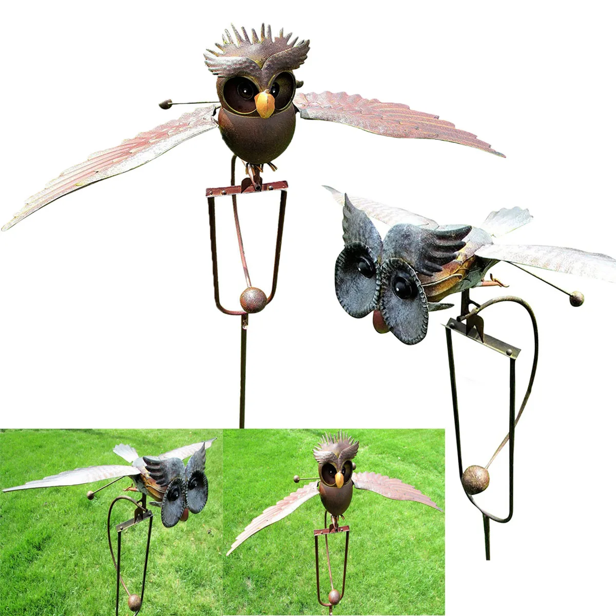 Owl Wind Chime Iron Wing Flapping Owl Wind Spinner Weather Resistant ...