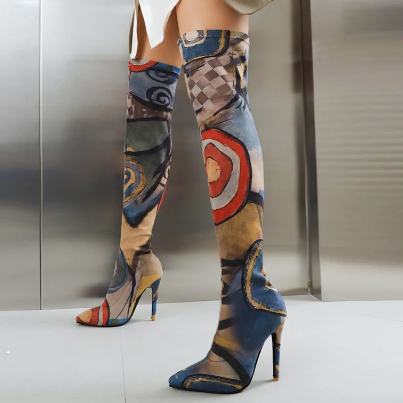 Botas-por-encima-de-la-rodilla-con-grafiti-art-stico-para-mujer-Punta ...