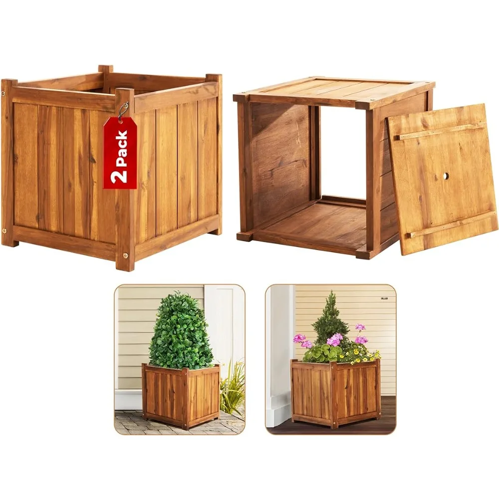Set-of-2-Hardwood-Outdoor-Flower-Box-Pots-for-Plants-Drainage-freight ...