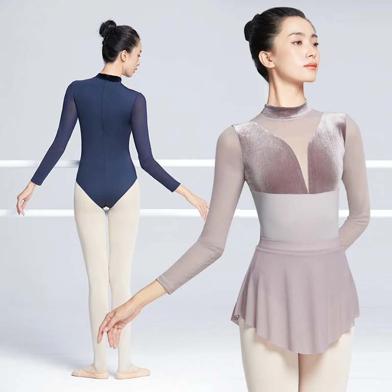 Ballet Leotards Woman Gymnastics Leotards Velvet Splice Long Sleeves ...