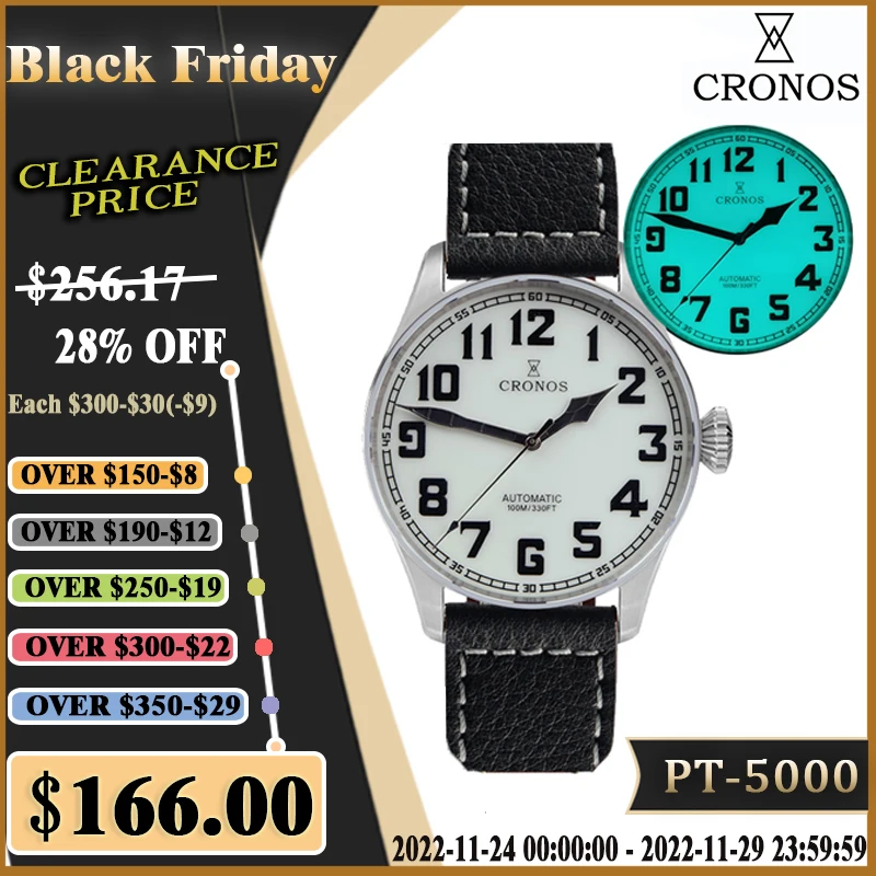 Cronos Pilot Flieger Mechanical Men Watch Stainless Steel Blue Light ...
