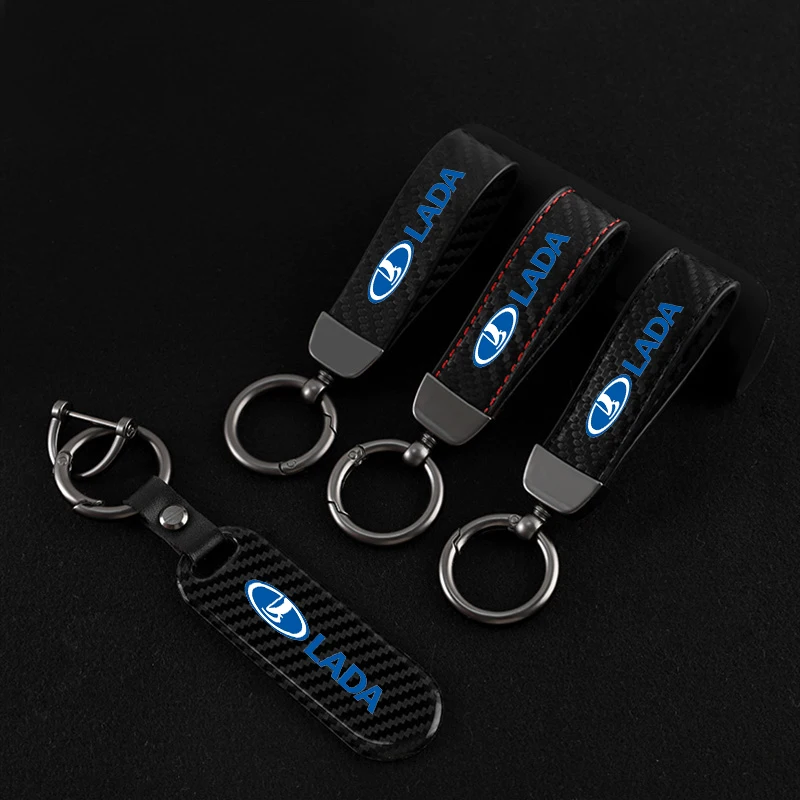 Carbon-fiber-Car-Styling-Leather-Car-Emblem-Key-Ring-Keychain-For-lada ...