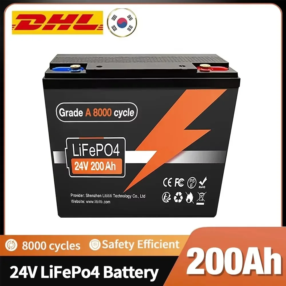 24V 200Ah LiFePO4 Lithium Battery, Built-in 200A BMS, Rechargeable ...