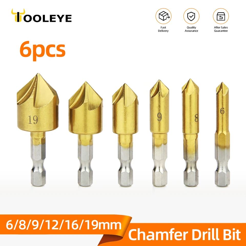 6pcs-HSS-Chamfer-Drill-Bit-Hex-Shank-Titanium-Plated-Five-blades ...