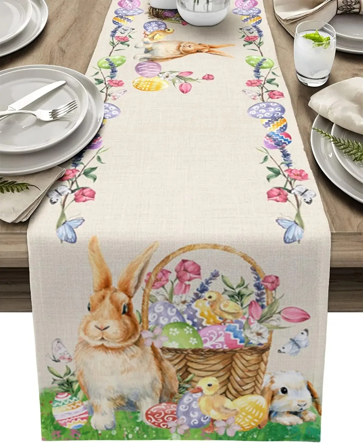 Easter-Bunny-Colorful-Egg-Linen-Table-Runners-Holiday-Party-Decor-Washable-Kitchen-Dining-Table ...