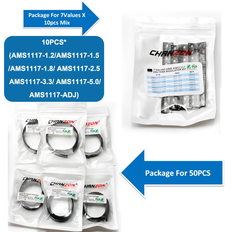 70pcs AMS1117 SOT-223 Low Dropout Voltage Regulator SMD Transistor Kit Assortment Bipolar ...