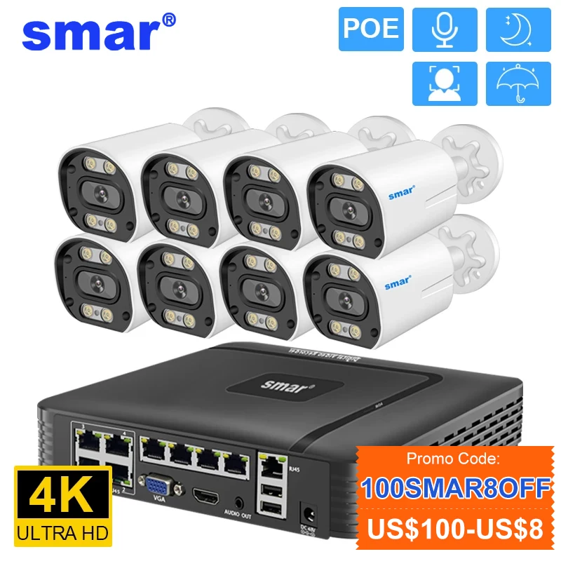Smar 8MP POE 카메라 8CH NVR 키트, 4K HD AI 얼굴 감지 야외 방수 H.265 Onvif P2P 보안 감시 ...