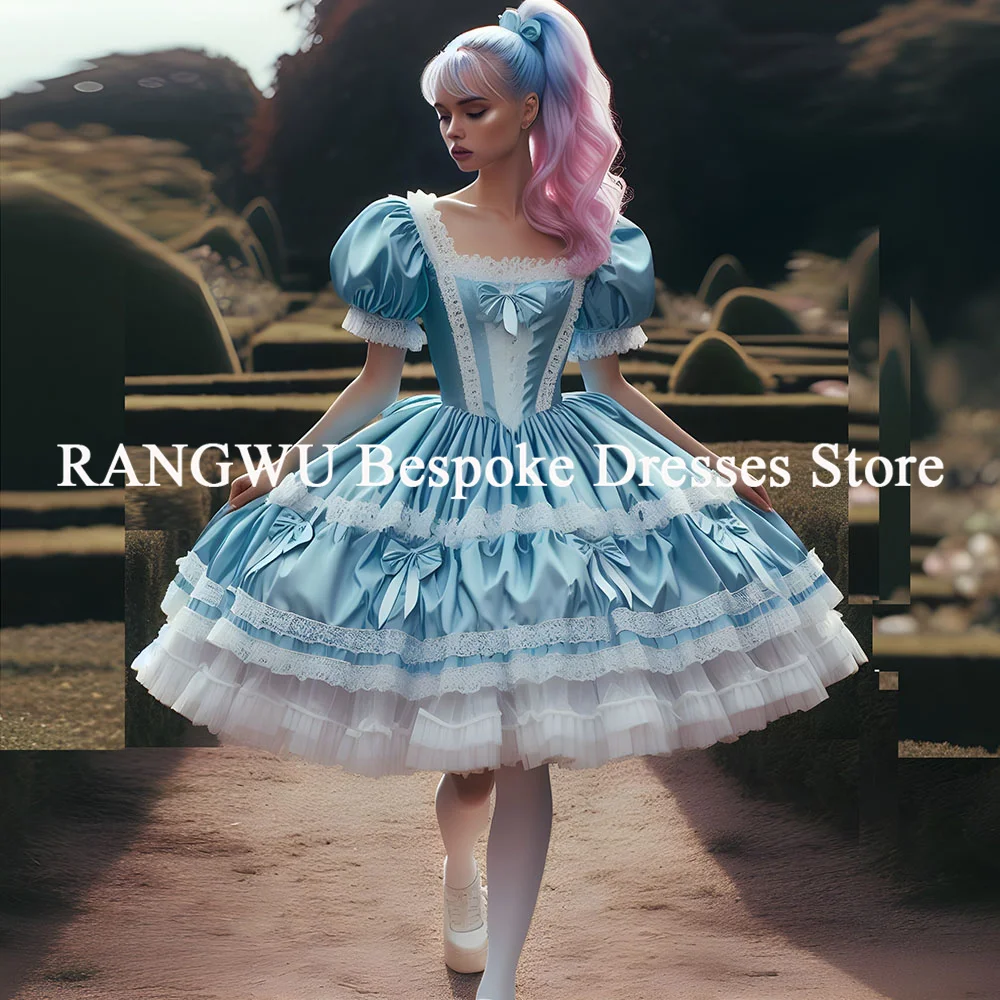 Blue Cosplay Prom Dress 2025 Short Sleeves Tiered Ruffles Lace Lolita ...