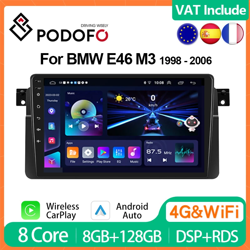 Podofo 8g + 128g carplay rádio android para bmw e46 m3 1998-2006 carro ...