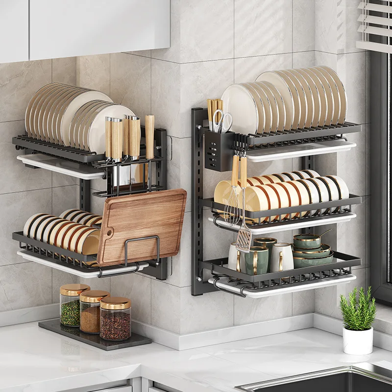 2-Layer-Kitchen-Dish-Rack-Wall-Mounted-Multifunctional-Storage-Rack-No ...
