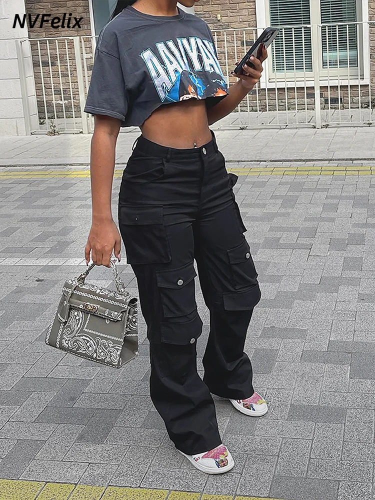 Y2K Pockets Cargo Pants Mulheres Straight Oversize Calças Baggy Vintage ...