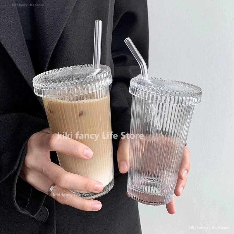 375Ml Simple Stripe Glass Cup With Lid and Straw Transparent Bubble Tea ...