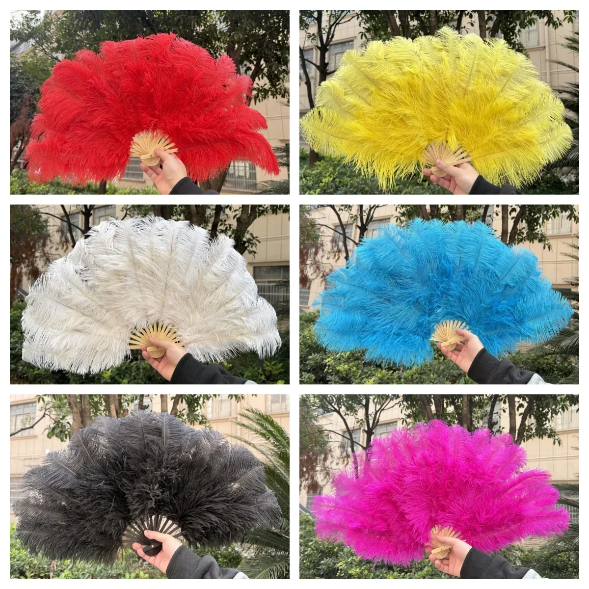 White Black Natural Ostrich Feather Fan Hand Held Folding Big Plumes ...