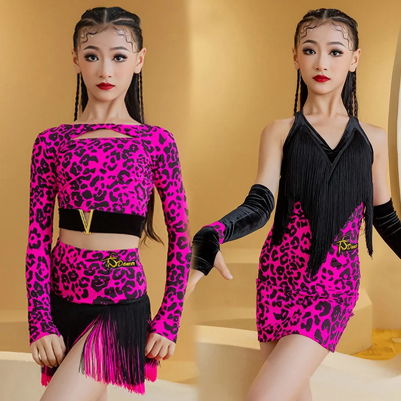 Neon Pink Leopard Latin Dance Dress Girls Cha Cha Rumba Samba Dance ...