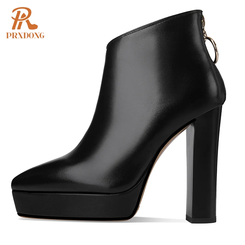 PRXDONG Botines de piel de vaca auténtica para mujer, botas de plataforma de tacón alto grueso ...