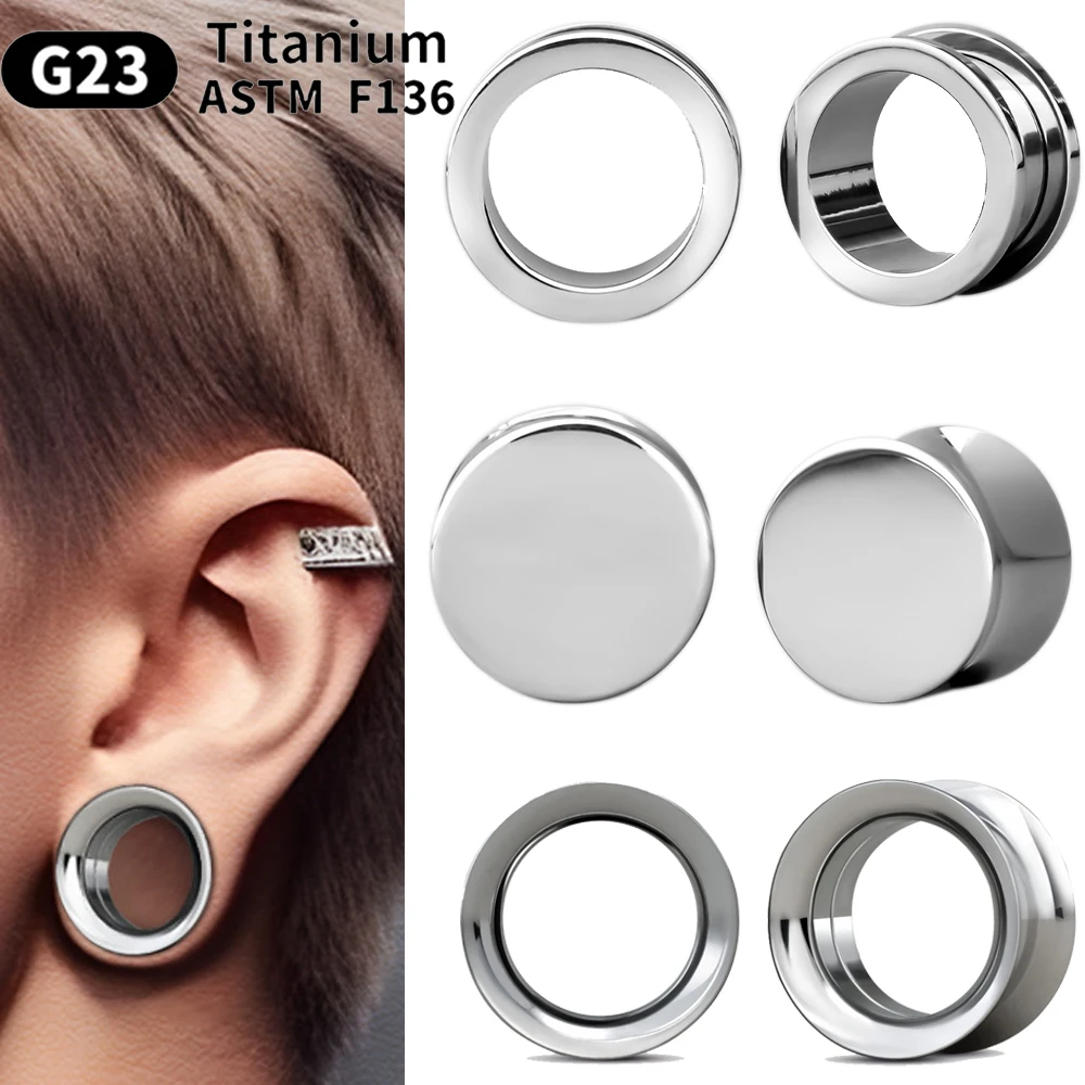PAIR-Solid-G23-Titanium-Silver-Color-Double-Flare-Ear-Plugs-Screw-No ...
