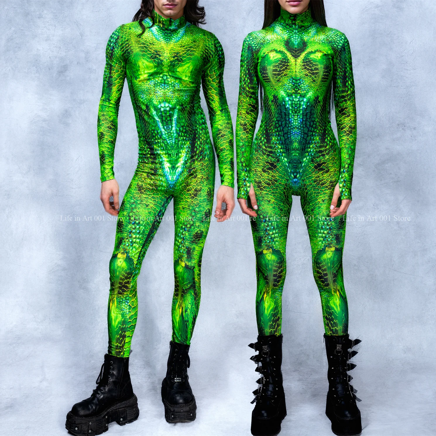 Men Women Green Lizard Skin Print Cosplay Holiday Jumpsuit Cyber ...
