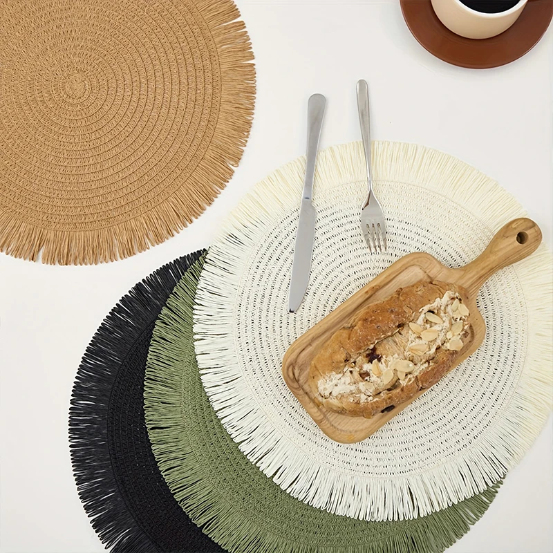 Wheat-Paper-Braided-Round-Placemats-Tassel-Edge-Paper-Woven-Meal-Mat ...
