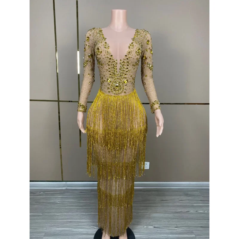 Sparkly-Gold-Rhinestones-Tassels-Dress-for-Women-Sexy-Stretch-Celebrate ...