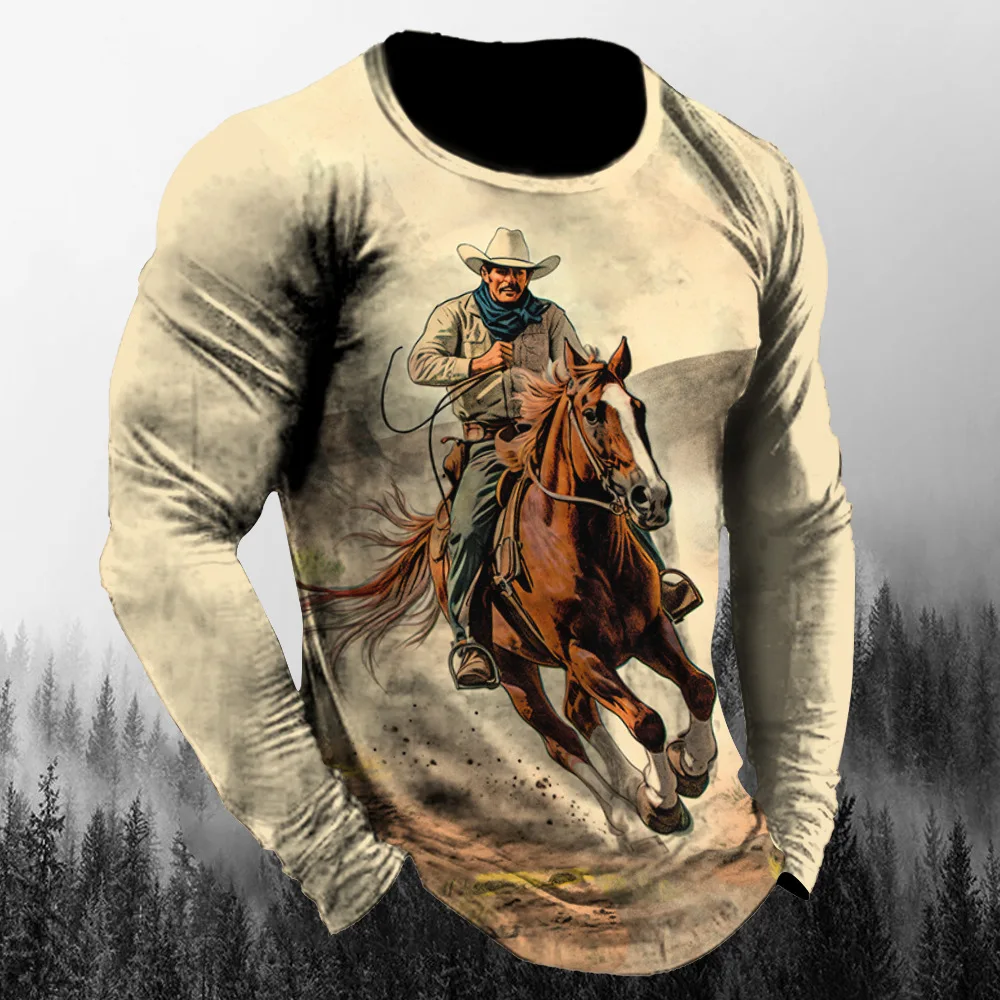 Vintage-Westside-Cowboy-Print-Autumn-Men-s-O-Neck-T-shirt-Casual-Long ...