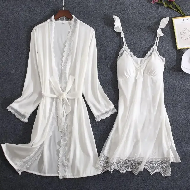 White Lace Bride Bridesmaid Wedding Robe Set Women Summer Sleepwear ...