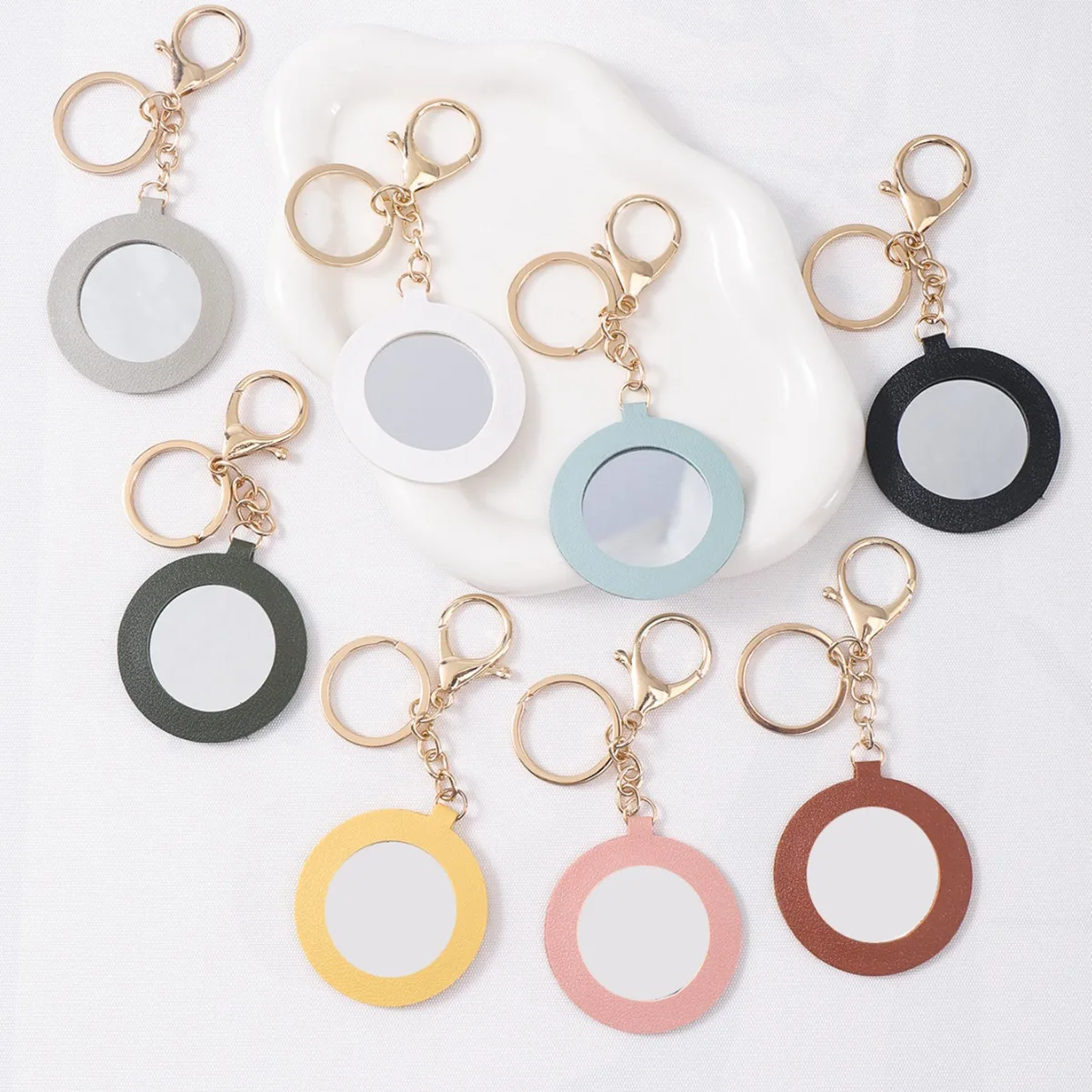 Mini-Round-Cosmetic-Mirror-Keychain-PU-Leather-Portable-Solid-Color ...