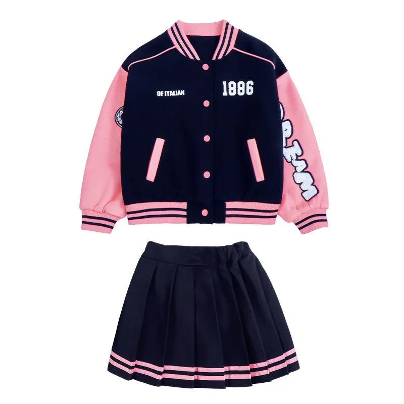 Junior Girls Autumn Baseball Suits Jacket & Pleated Skirt 2 Pcs Outfits ...