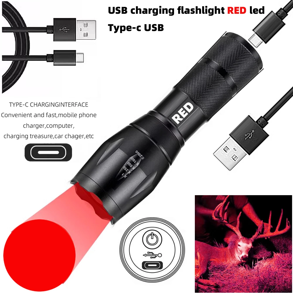 Type-c-Rechargeable-red-Light-Flashlight-Tactical-torch-LED-Red-Hunting ...