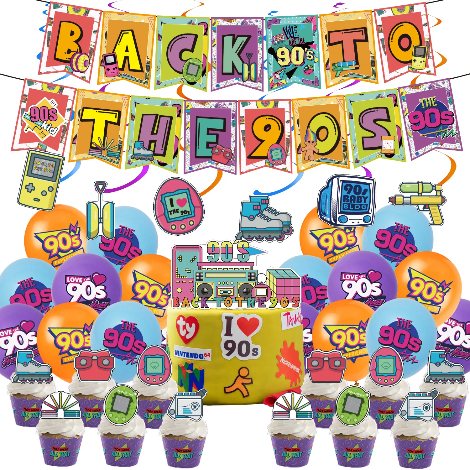 Back-to-the-90s-Party-Supplies-Disco-Theme-Balloon-Banner-Cake-Topper ...