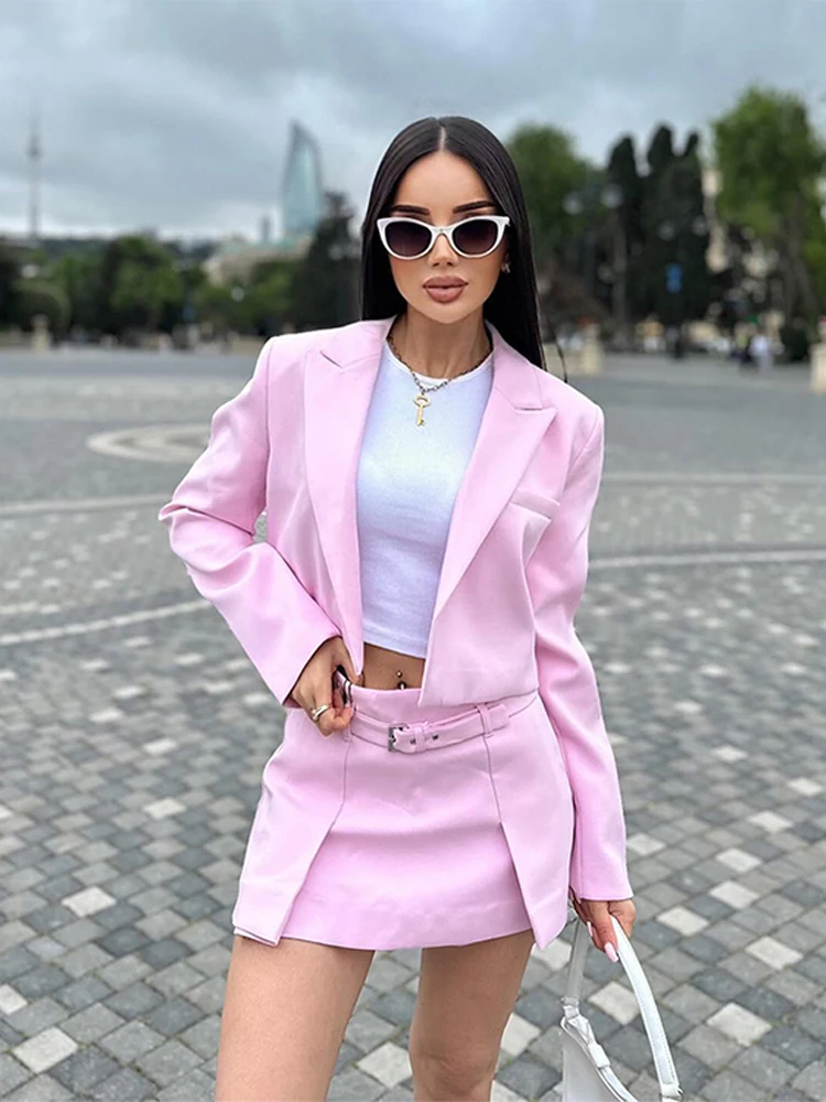 Elegant-Slim-Blazer-Skirt-Set-Women-Lapel-Short-Coat-Belt-Fold-Mini ...