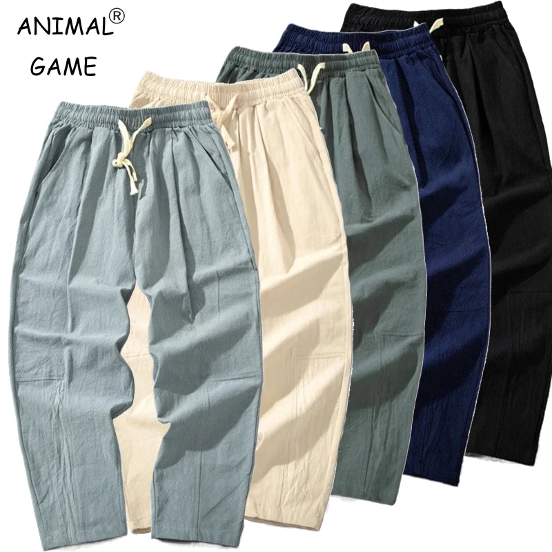 Summer Men Cotton Trousers Casual Solid Color Long Pants Breathable ...