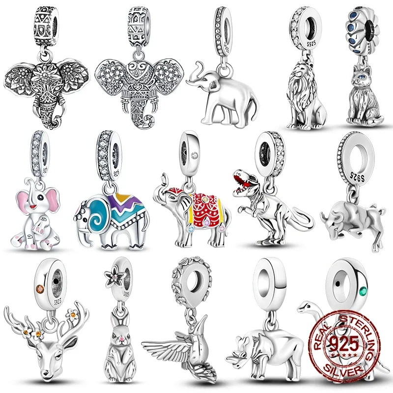 925-Prata-Animal-Encantos-Beads-elefante-le-o-rinoceronte-dinossauro-se ...