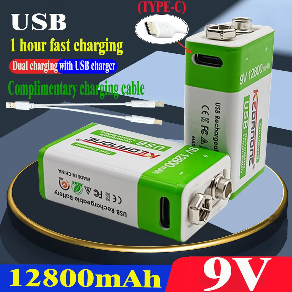 12800mAh Type-C USB 9 Volt Ii-ion Rechargeable Battery 6F22 9 V Li ion ...